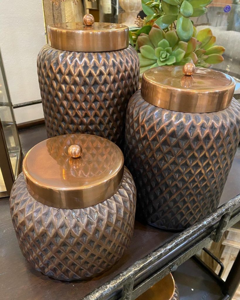These lovely bronze glass canisters with copper lids make great ...